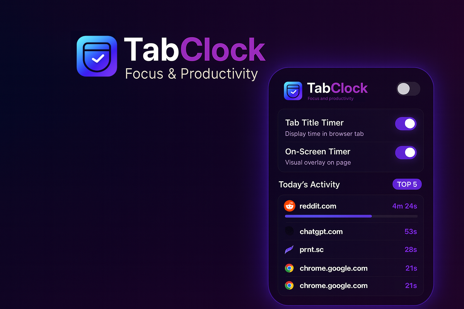TabClock — Chrome Time Tab Tracker | Tab Timer for Focus & Productivity